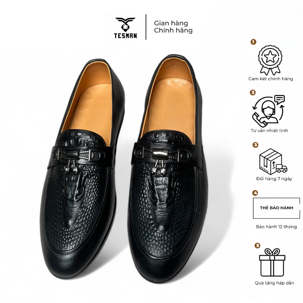 Giày lười nam da bò nappan TESMAN-T02 dập vân cá sấu, đế cao su non êm ...