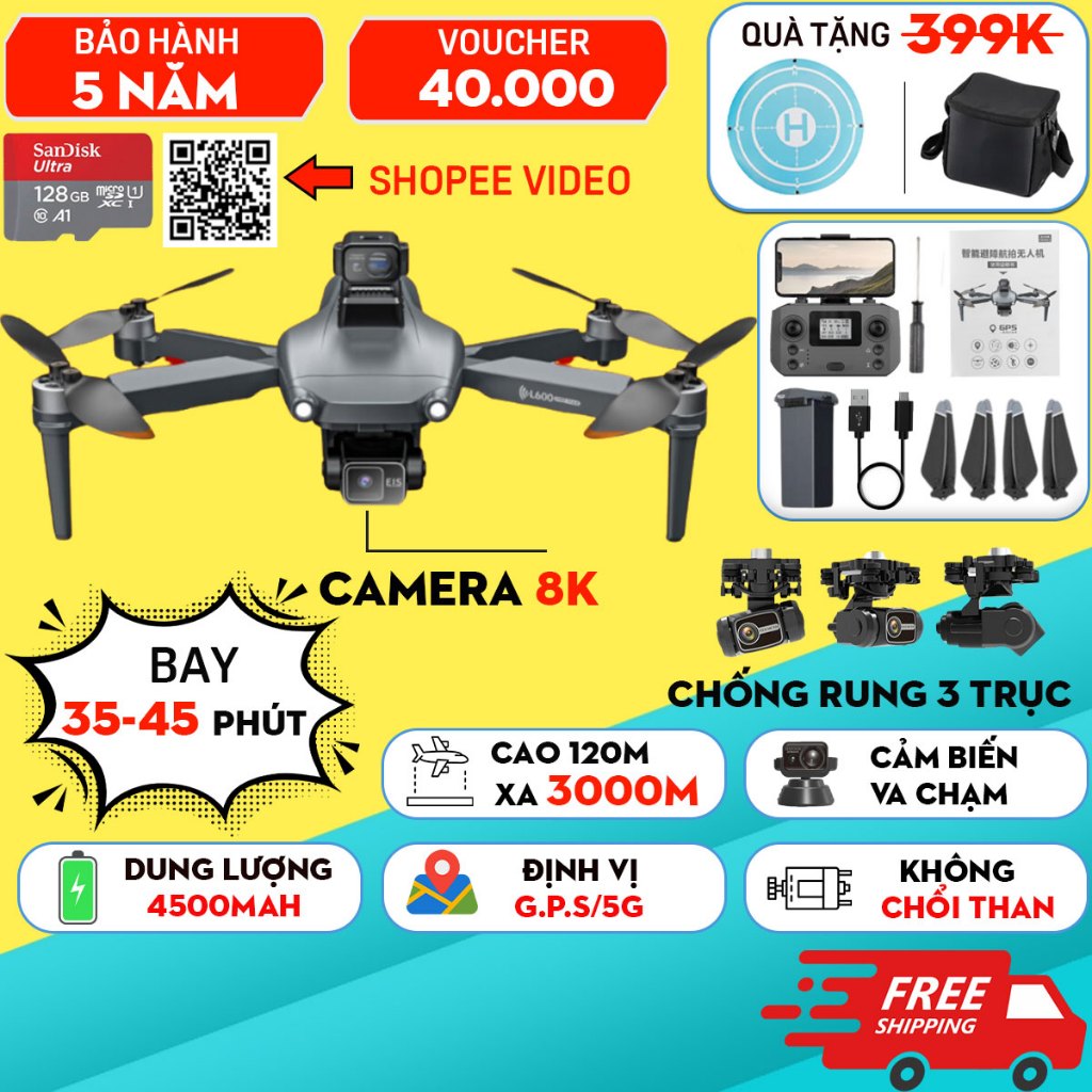Flycam L600 pro max chống rung 3 trục camera 8k siêu nét, có GPS tự bay ...