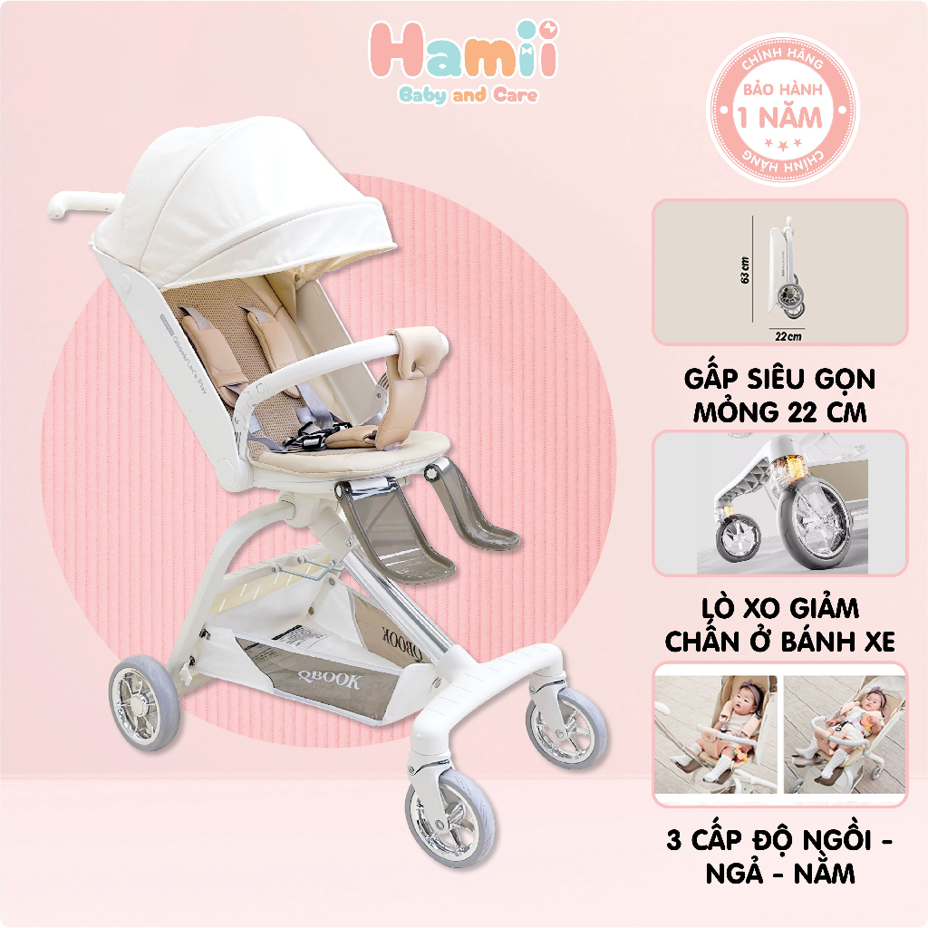 Xe Đẩy Gấp Gọn Cho Bé Qbook, 3 Tư Thế Ngồi, Ngả, Nằm, Mái Che Chống Tia UV Siêu Rộng, Gấp Siêu ...