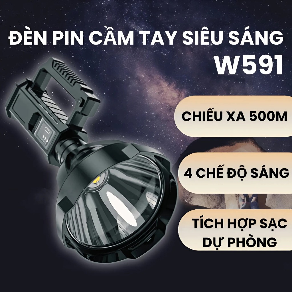 Đèn pin cầm tay, đèn pin siêu sáng, đèn chiếu xa W591 có chân đế chống nước tầm nhìn 500m siêu ...