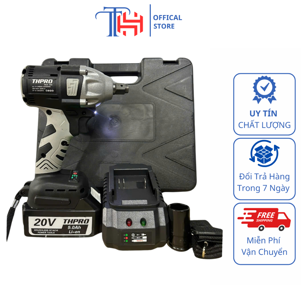 Máy siết bulong THPRO 20v bộ 1 pin sạc , máy siết bulong động cơ không chổi than đầu bulong 2 ...