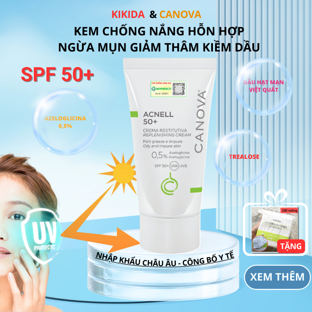 Chính Hãng Kem Chống Nắng Ngừa Mụn Giảm Thâm CANOVA ACNELL SPF 50+ Kem ...