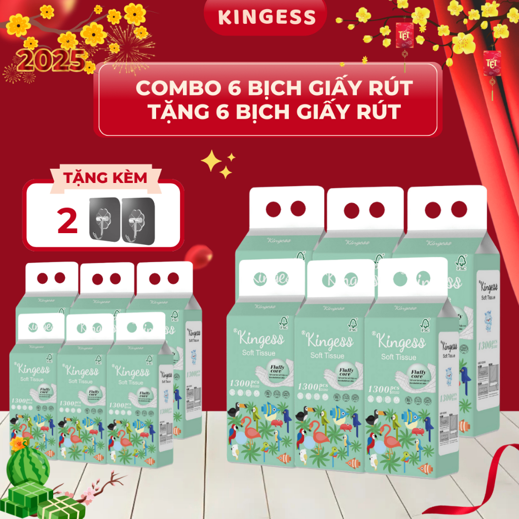 (MUA 6 TẶNG 6) Khăn giấy rút KINGESS 1300 tờ thiết kế treo tường thông minh, tiện lợi, giấy vệ ...