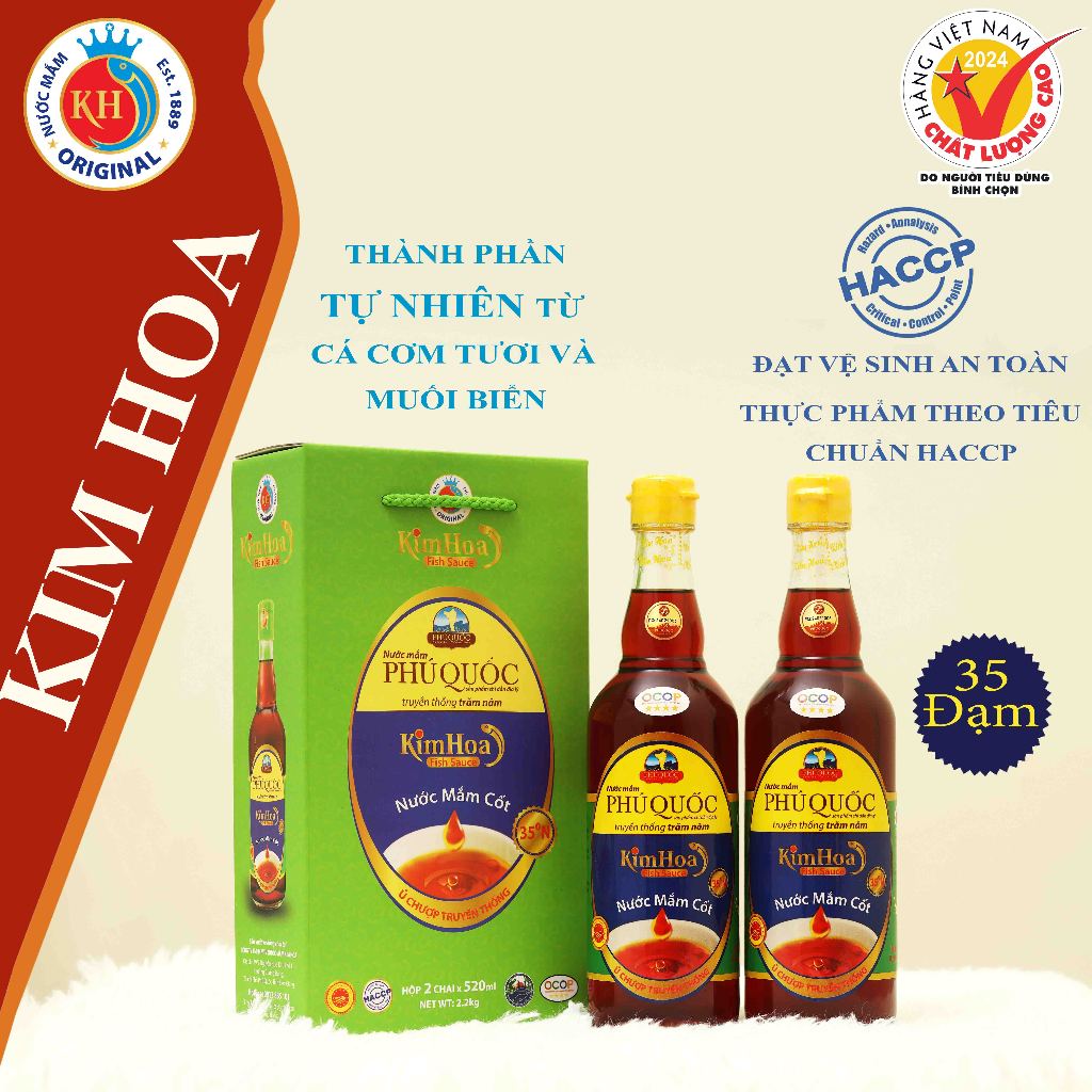 Nước mắm truyền thống Phú Quôc Kim Hoa 35 đạm hộp 2 chai thủy tinh 520ml - Mỗi chai 520ml ...