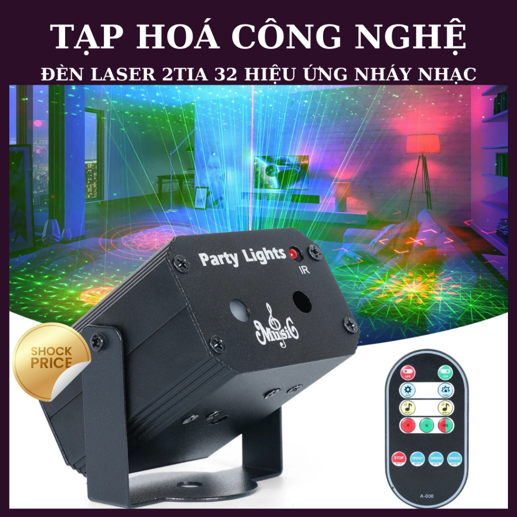 Đèn Laser 2 Tia Laze Cảm Biến Theo Nhạc - 32 Hiệu Ứng, Remote Điều ...