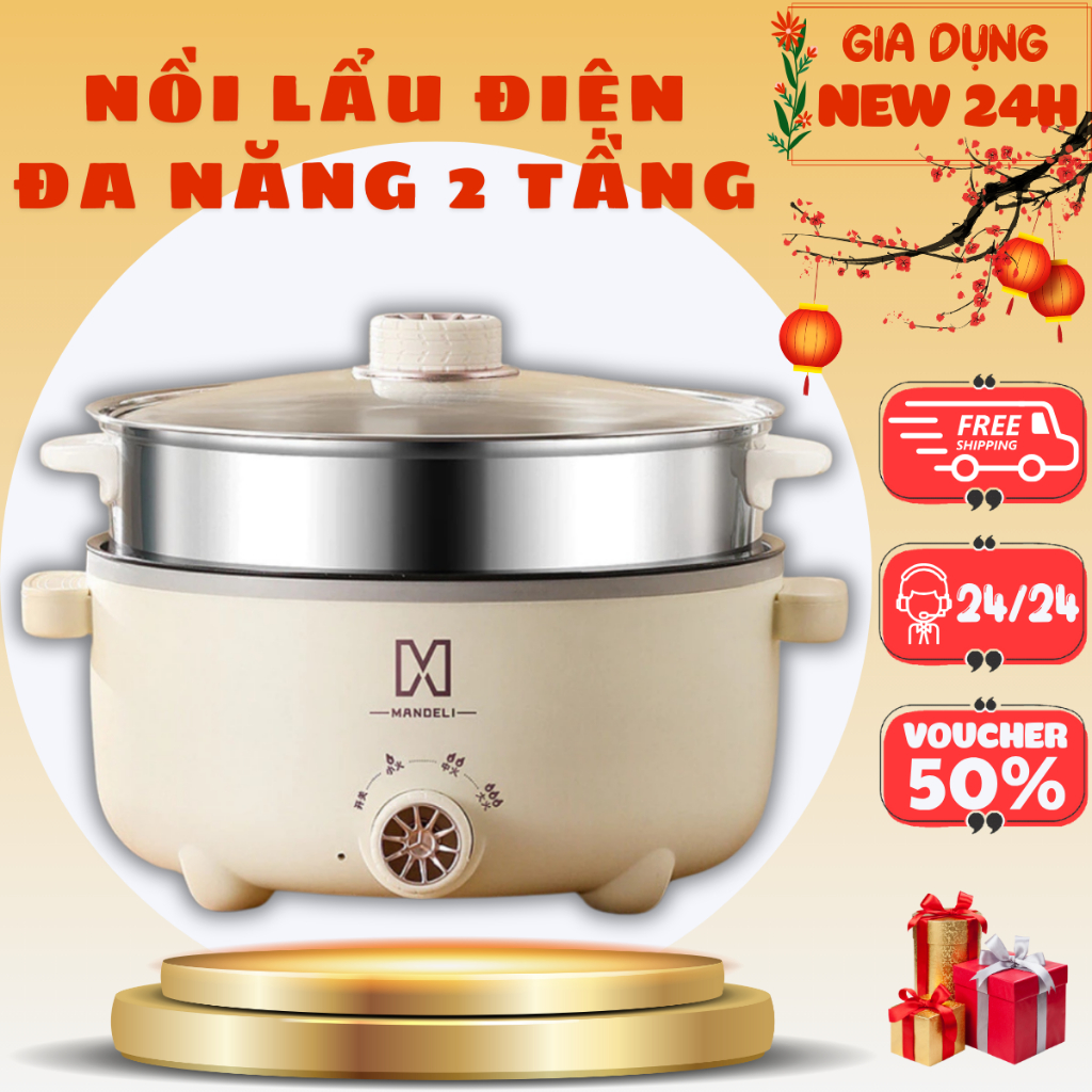 Nồi Lẩu Điện Đa Năng 2 Tầng Mandeli Kèm Giá Hấp 28 cm Chống Dính Công ...