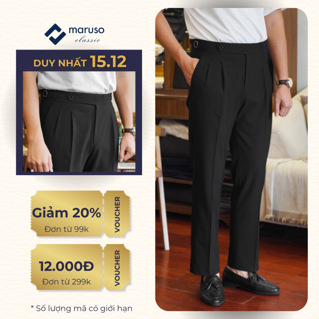 Quần âu nam MARUSO, quần tây sidetab mix cao cấp màu đen co giãn nhẹ, 1 ...