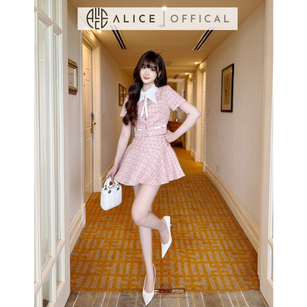 Set Dạ Cao Cấp Cho Nữ Alice, Áo Ngắn Tay Croptop Cổ Phối Hồ Điệp Kèm ...