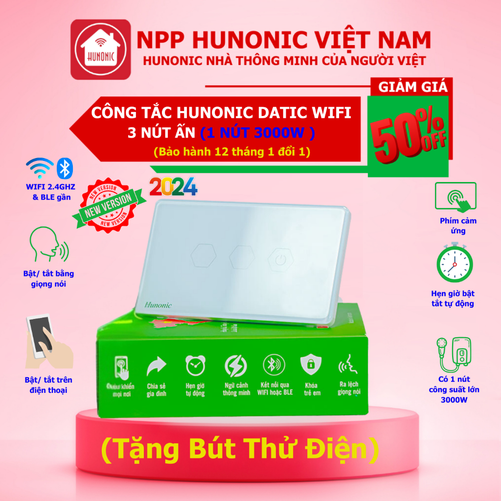 Công Tắc Wifi Hunonic Datic 3 Nút Ấn Có 1 Nút 3000W Lắp Cho Bình Nóng ...