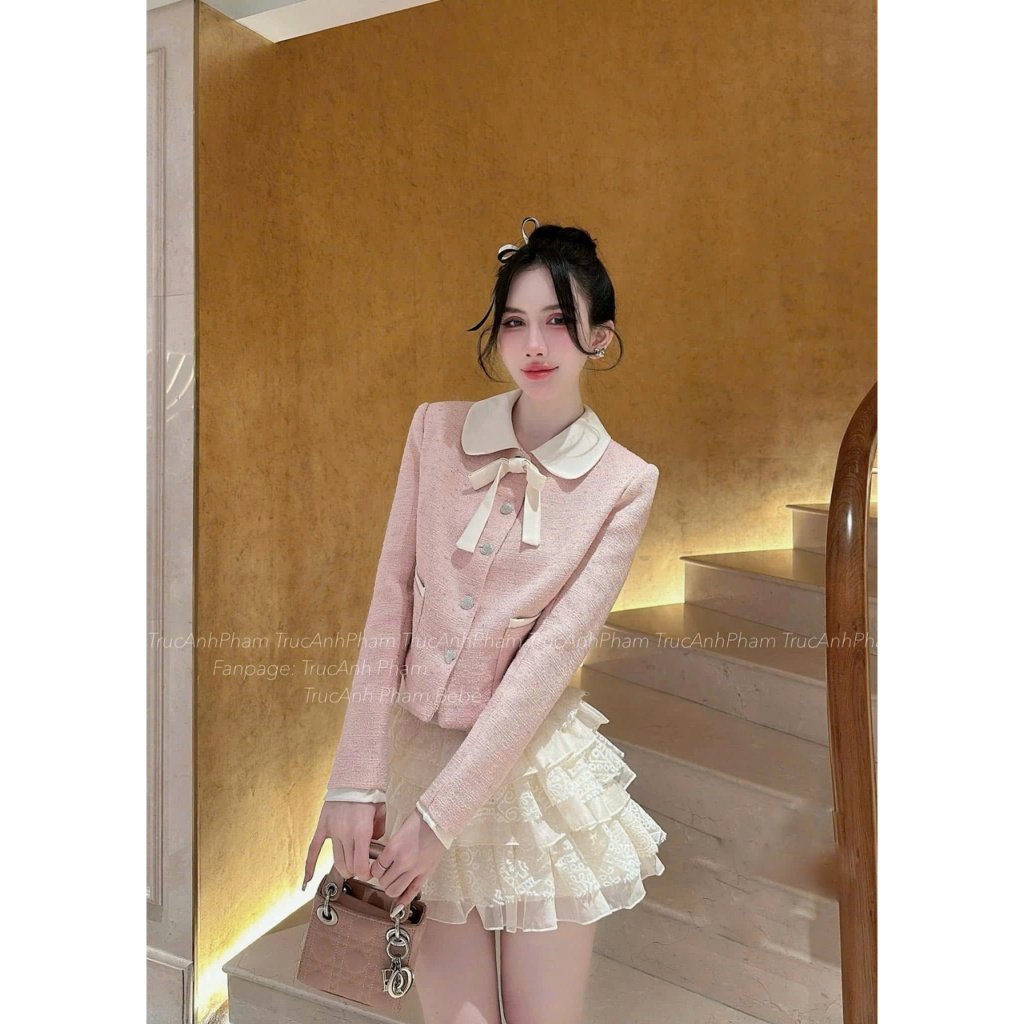 Set đồ nữ dáng ngắn, Set đồ nữ áo dạ sweet tay dài cổ bèo mix nơ phối ...