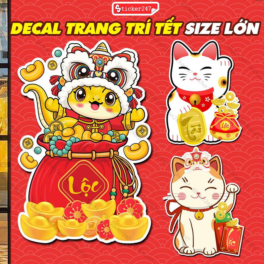 Sticker Tết Mèo Chiêu Tài, Con Rắn Lộc Tài 🌈𝑭𝒓𝒆𝒆𝒔𝒉𝒊𝒑 Decal Trang Trí ...