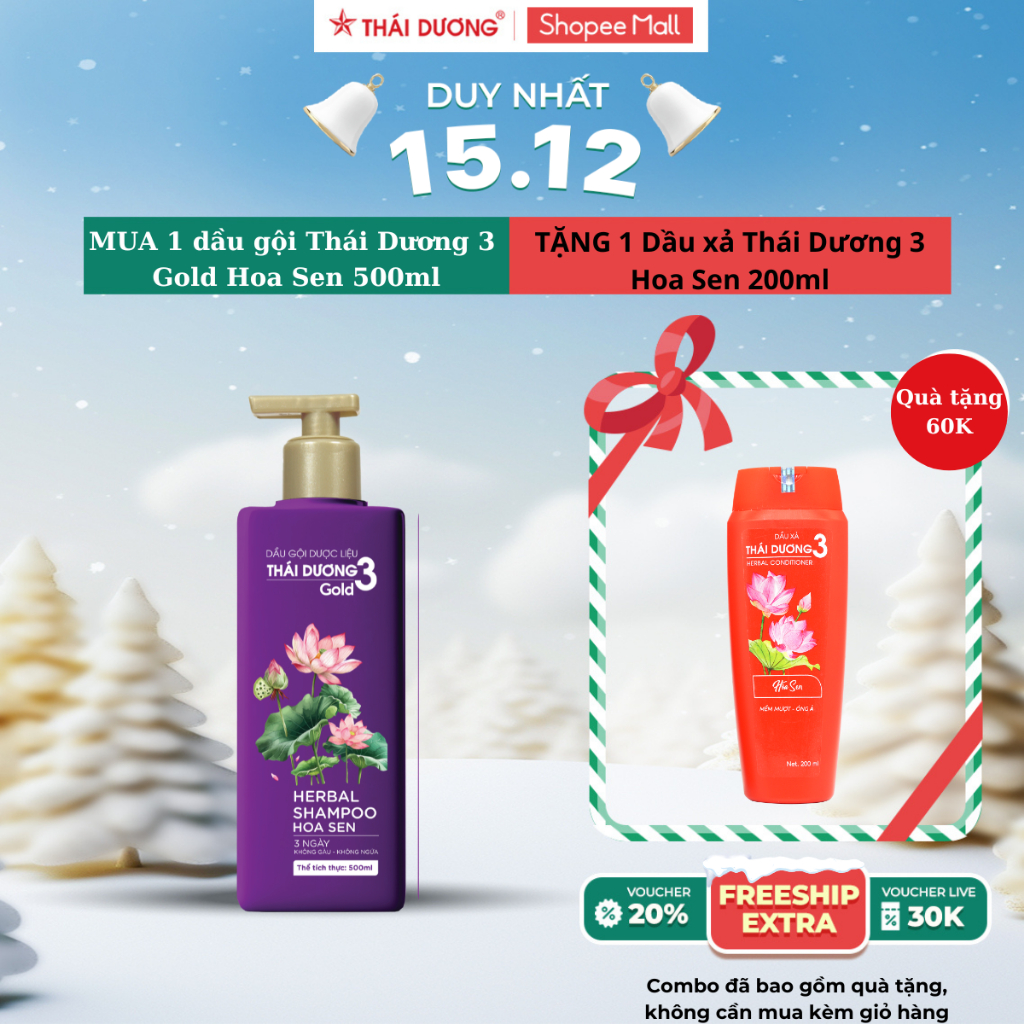 [Sale 15.12] Mua 1 Dầu gội Thái Dương 3 Gold Hoa sen 500ml Tặng Dầu xả Thái Dương 3 hoa sen ...