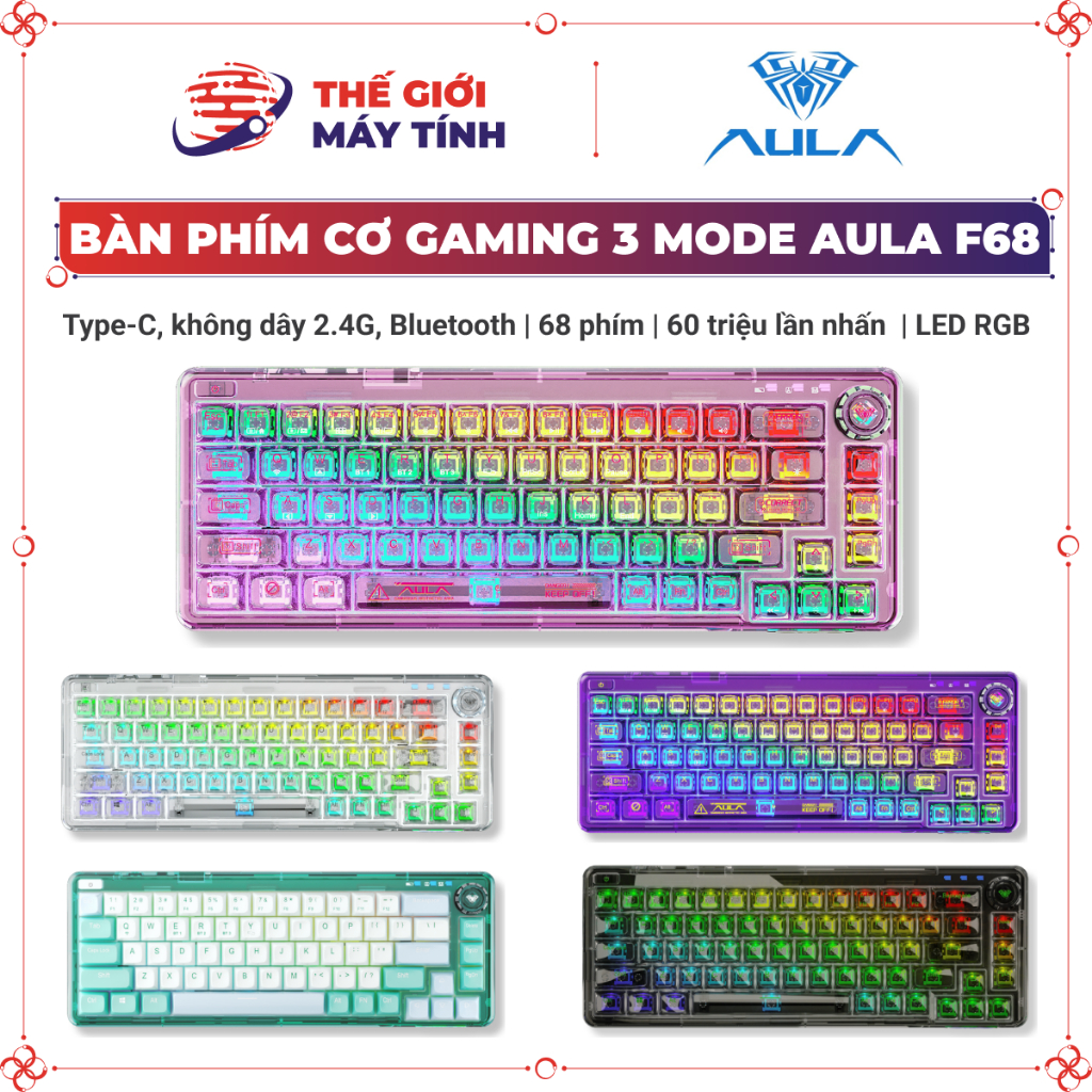 BÀN PHÍM CƠ GAMING 3 MODE AULA F68, LED RGB, 68 phím, trong suốt, Type-C & không dây 2.4G & BT ...