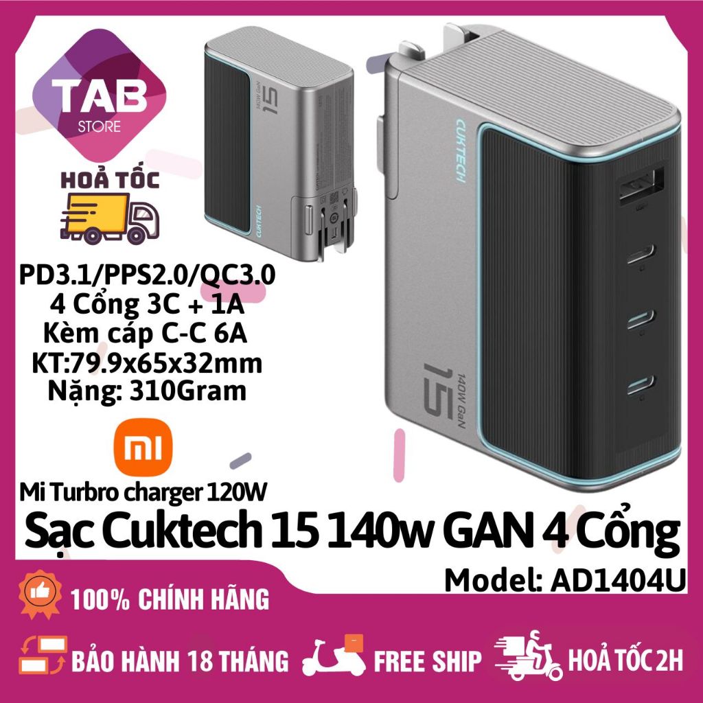 Sạc Cuktech 15 140w 4 Cổng (3C+1A) Mi turbro 120W PD3.1/PPS2.0/QC AD1404U - Bảo Hành 18 Tháng ...