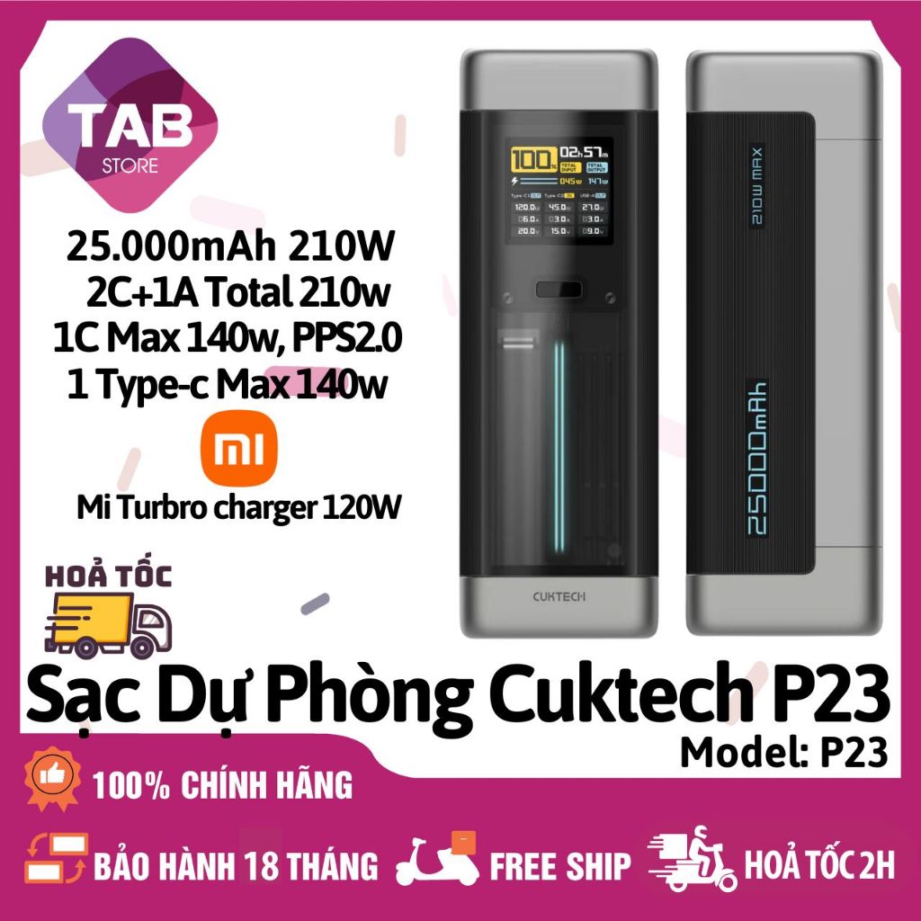 Sạc Dự Phòng Cuktech P23 25000mAh 2C1A 210W PD 3.1 PPS5A QC Mi Turbro Charger 120W - Bảo Hành 18 ...