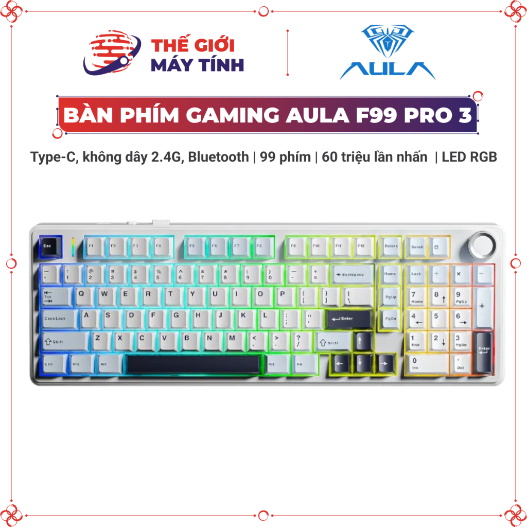 BÀN PHÍM CƠ GAMING AULA F99 PRO 3 MODE, LED RGB, 60 triệu click, 99 ...