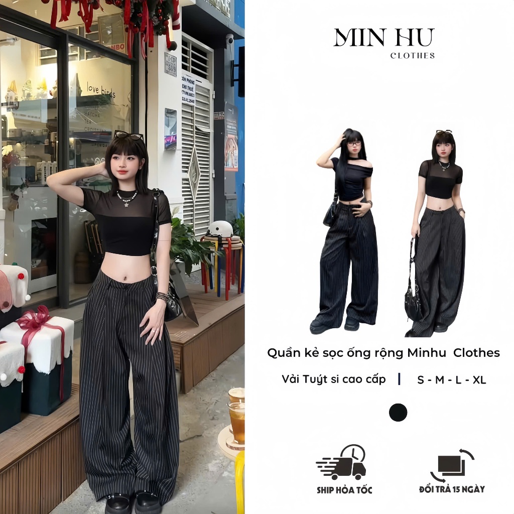 Quần kẻ sọc ống rộng Minhu Clothes, quần ống suông kẻ sọc màu đen ...