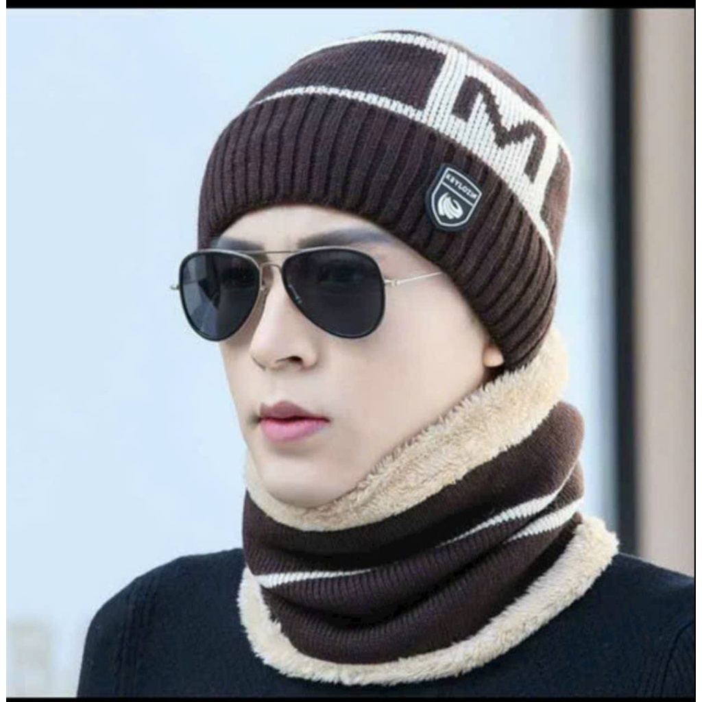 Mũ len kèm khăn quàng cổ nam nữ YONA nón len lưỡi trai nam nữ trùm đầu ...