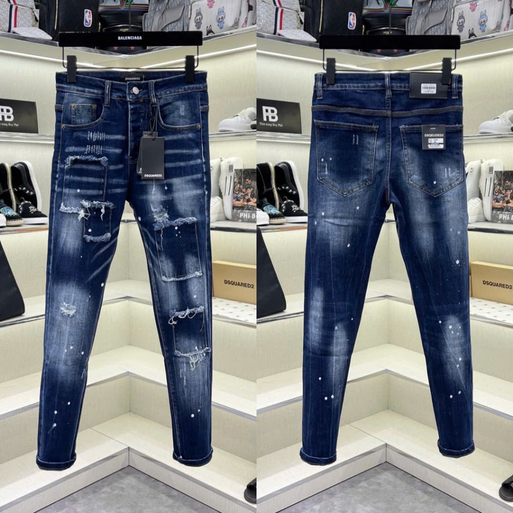 Quần jean bò nam DSQ skinny wash xanh bạc dập nhăn 3D vá vải rách tua ...