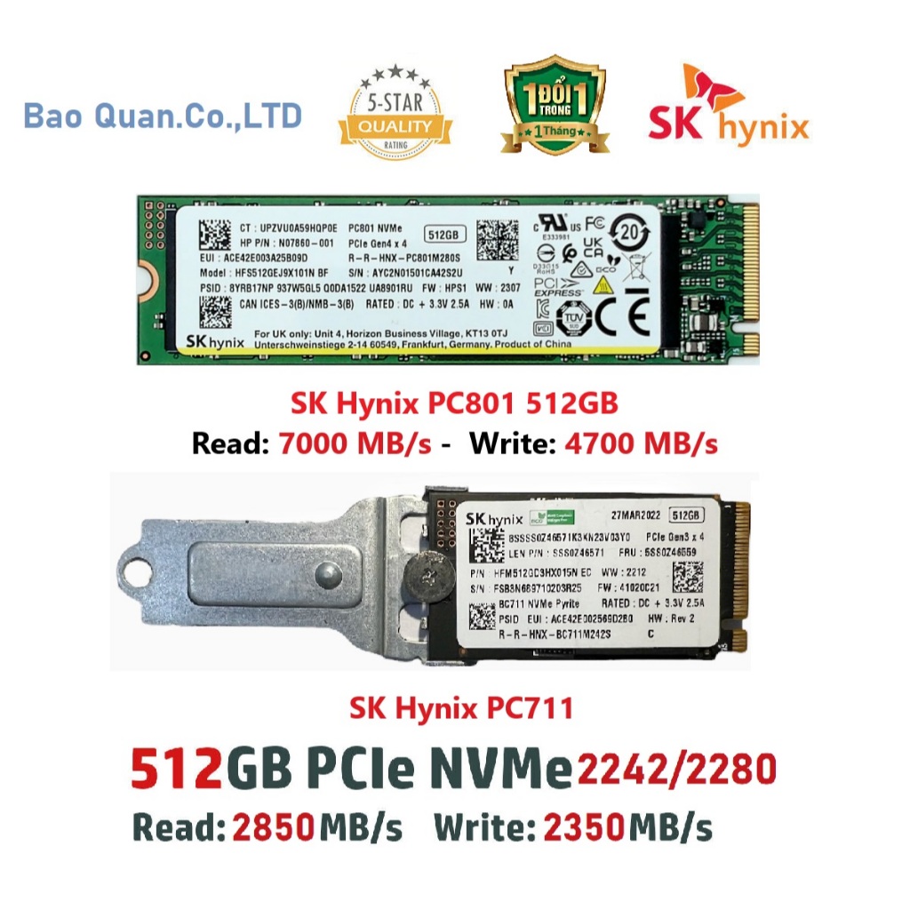 Ổ cứng SSD SK Hynix PC801 và BC711 512GB M2 Nvme - BH 1 tháng - New bóc máy - Tốc độ 7000MB/s ...