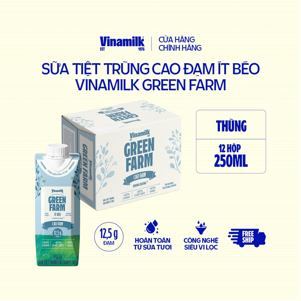 Thùng 12 hộp Sữa tươi Vinamilk Green Farm cao đạm, không lactose - hộp ...