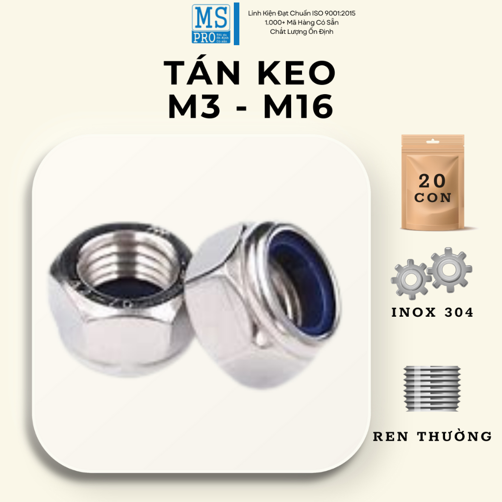 Tán keo ecu chống trượt, chống tháo INOX 304 MS PRO DIN985 M3 M4 M5 M6 ...