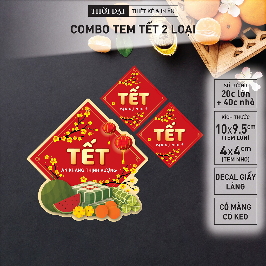 60 Nhãn / Decal / Sticker / Tem Dán Tết - có keo (20 Tem Lớn: 10 x 9 ...