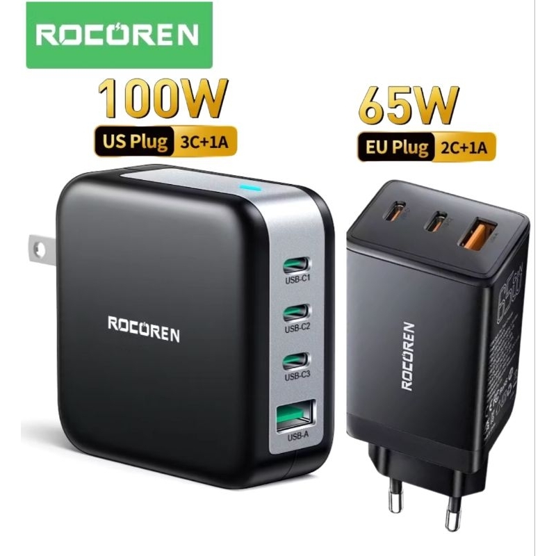 Sạc Nhanh Rocoren 65W 100W GaN PD3.0 PD2.0 PPS QC5.0 QC4.0+ QC3.0 QC2.0 AFC FCP SCP sạc cho điện ...