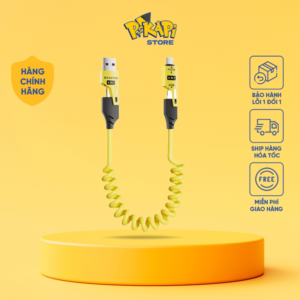 [BH 3 Tháng] Pikapi Dây sạc 4in1 thiết kế LÒ XO: dài 1.5m, sạc nhanh C ...