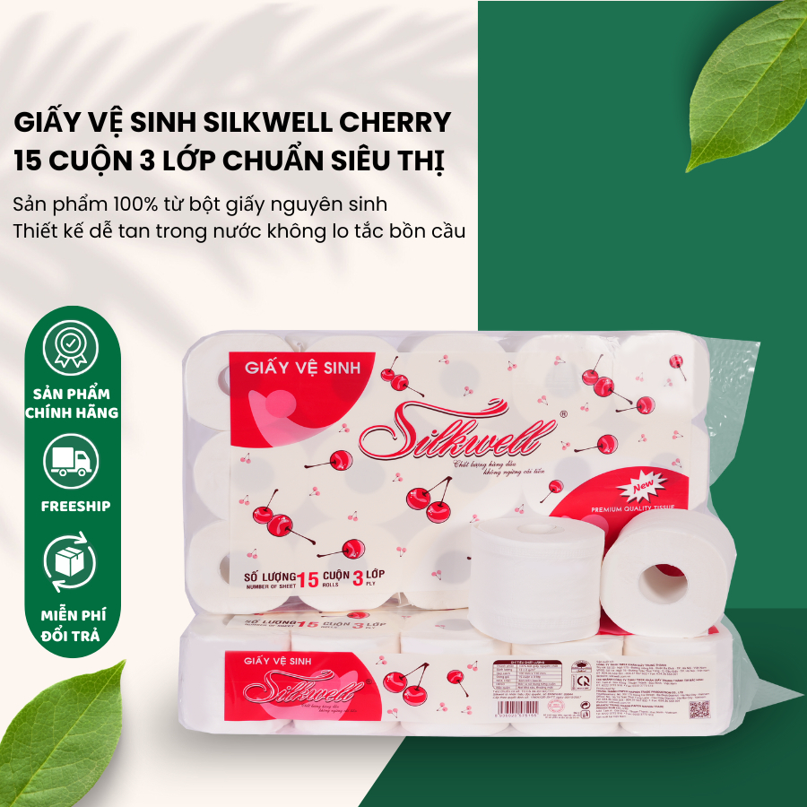 [SIÊU TIẾT KIỆM] Giấy vệ sinh Silkwell Cherry 15 cuộn 3 lớp có lõi siêu ...