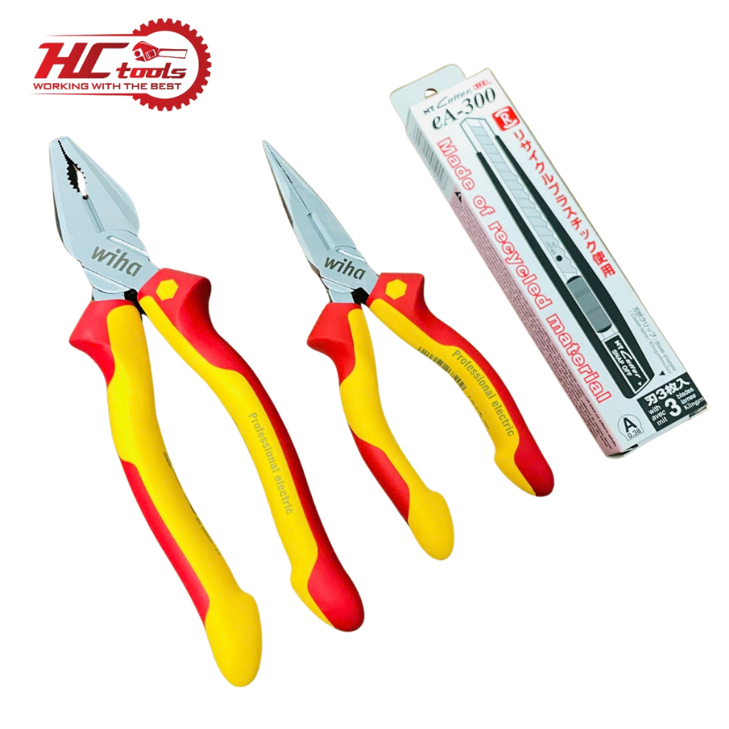 Combo001 Kìm Wiha và Dao rọc giấy NT Cutter (Bằng 20cm 26711, Nhọn 16cm ...