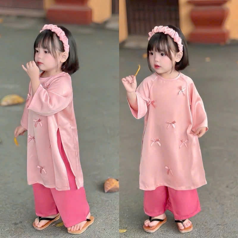 Áo Dài Tết Bé Gái Chất Lụa Ngọc Trai Mềm Mại Đính Nơ Nhí - Màu Hồng Đỗ - Tặng Kèm Bờm | Shopee ...