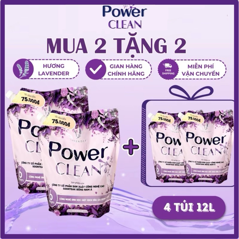 4 Túi Nước Giặt Power Clean 12 lít , hương nước hoa Lavender (kèm quà tặng) | Shopee Việt Nam