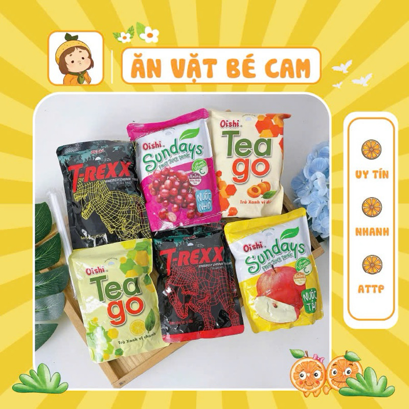 Nước oishi Tea Go, Sunday, T-Rex vị chanh, đào, táo, nho, vải (gói ...