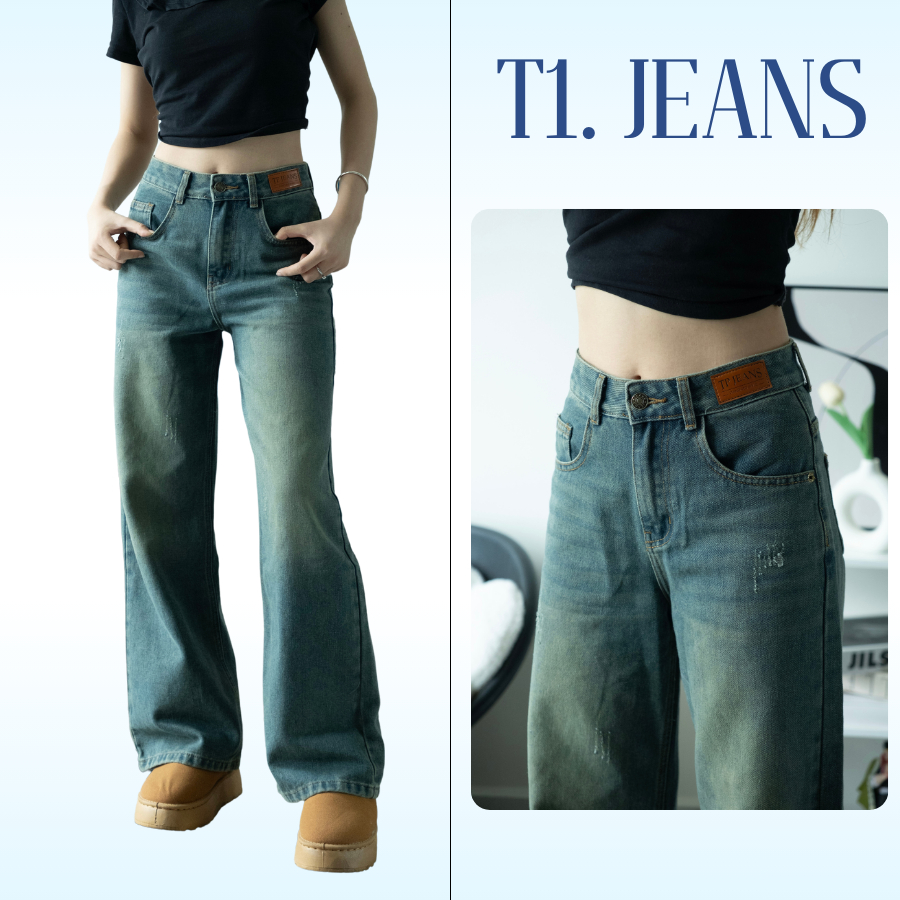Quần jean nữ ống rộng dáng đứng suông quần bò lưng cạp cao kiểu dáng hàn quốc cá tính JEANS T1 ...