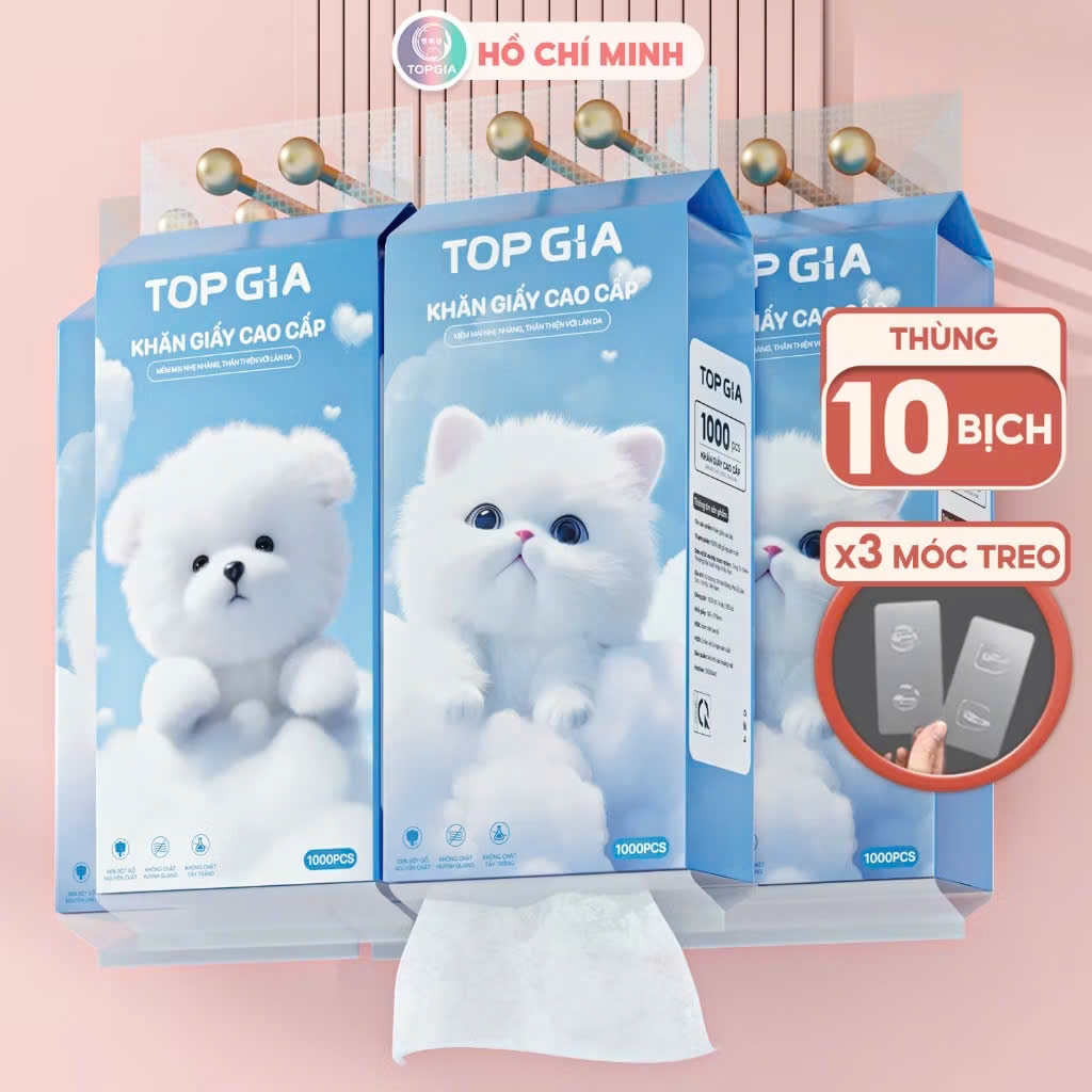 Thùng 10 gói Khăn giấy rút treo tường Top Gia, giấy vệ sinh treo tường 1000 tờ 4 lớp tặng móc ...