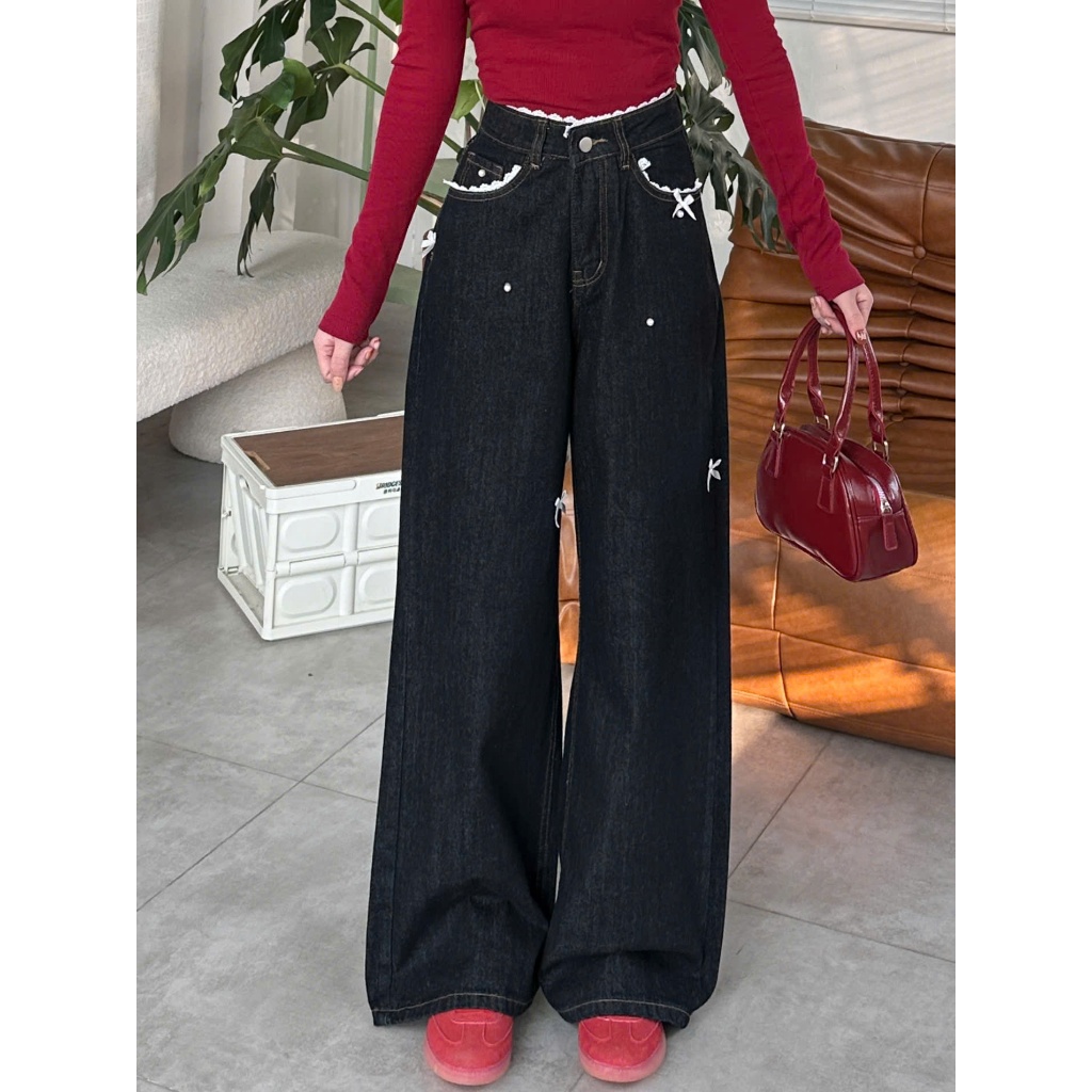 LA'MEI - Quần jeans nữ ống rộng tone màu than viền ren phối nơ LAMEI008 ...