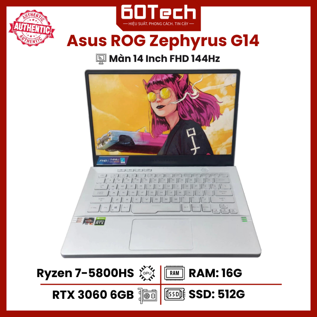 Laptop Gaming Asus ROG Zephyrus G14 - Ryzen 7-5800HS RAM 16G SSD 512G RTX 3060 6GB Màn 14 Inch ...