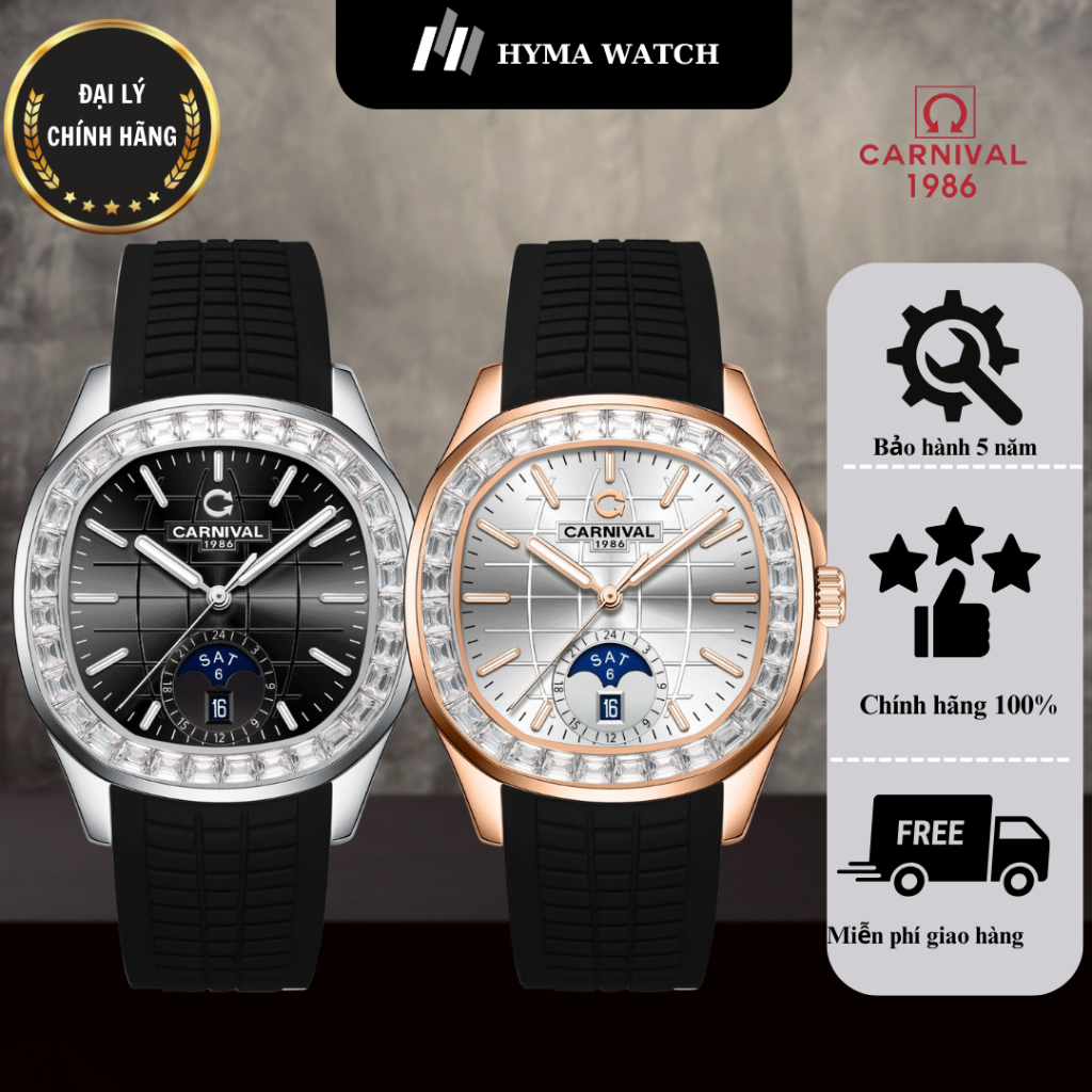 Đồng hồ Nam Carnival 8113G Máy cơ bản dây cao su đính đá Bảo hành 5 năm Hyma Watch | Shopee Việt Nam