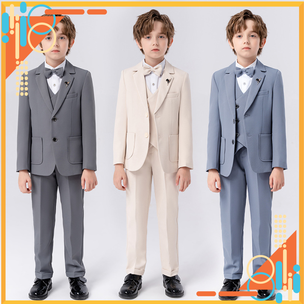 Bộ vest bé trai cao cấp màu be cho bé đi tiệc TQB124 gồm 3 chi tiết (áo ghile + áo vest + quần ...