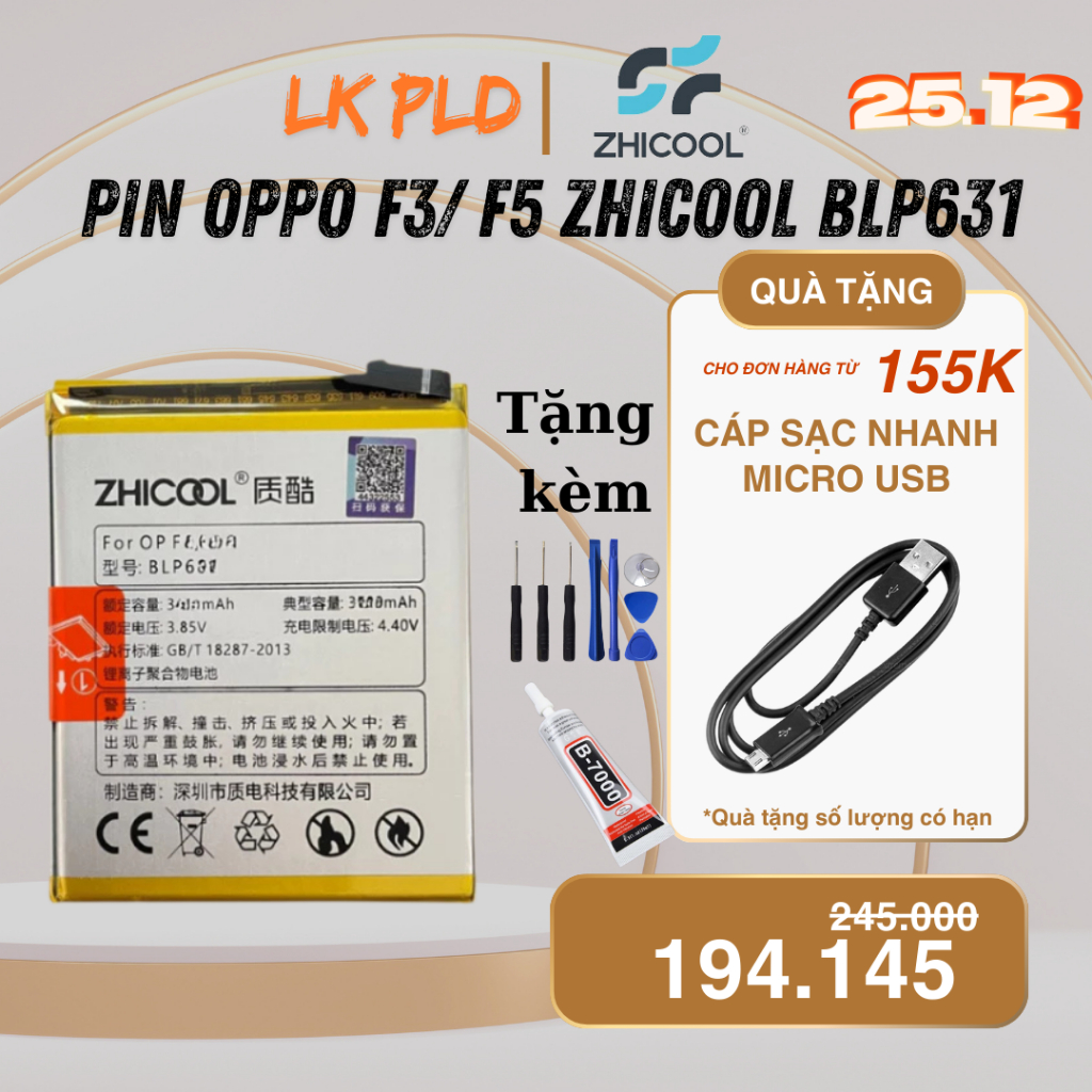 Pin Oppo F3/F5, Mã pin BLP631, Dung lượng 3200mAh, Tặng kèm bộ tua vít ...