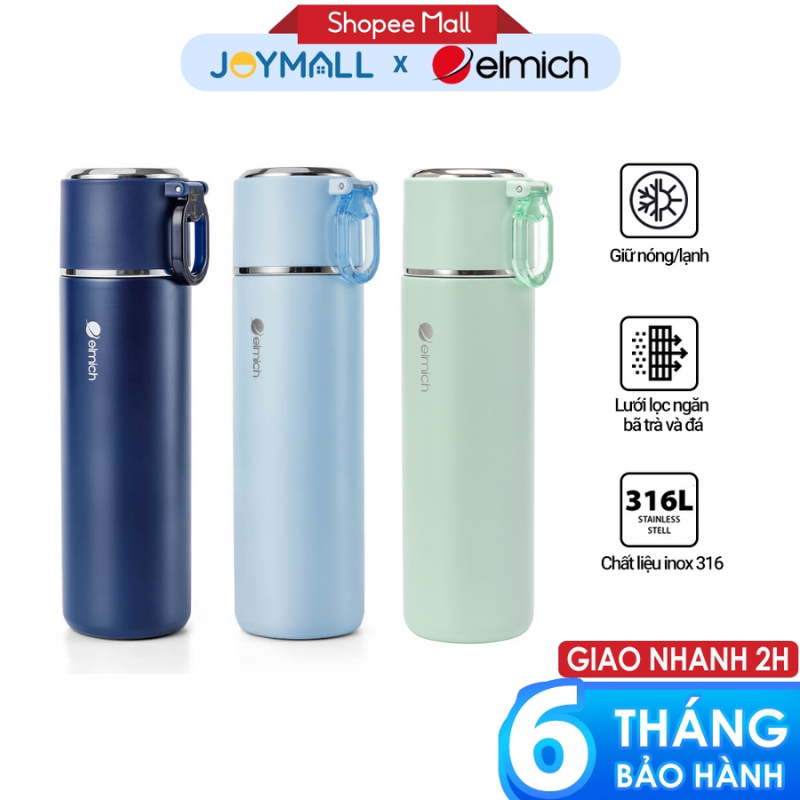 Bình giữ nhiệt inox 316 Elmich EL8315 480ml, Hàng chính hãng, nắp dùng làm cốc, có lưới lọc ...