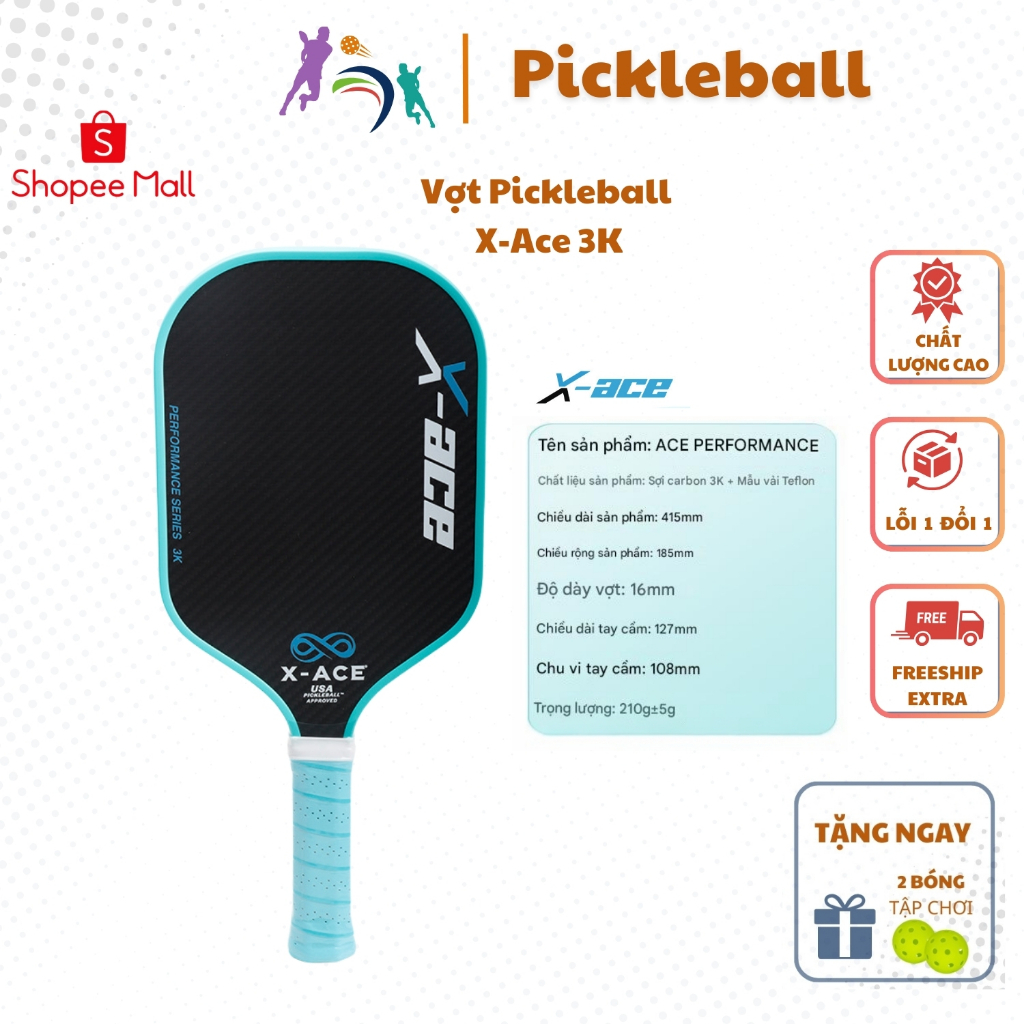 Vợt Pickleball X-Ace 3K AMA sport ,mặt vợt Carbon 3K độ dày 16mm tay vợt bọc da cao cấp | Shopee ...