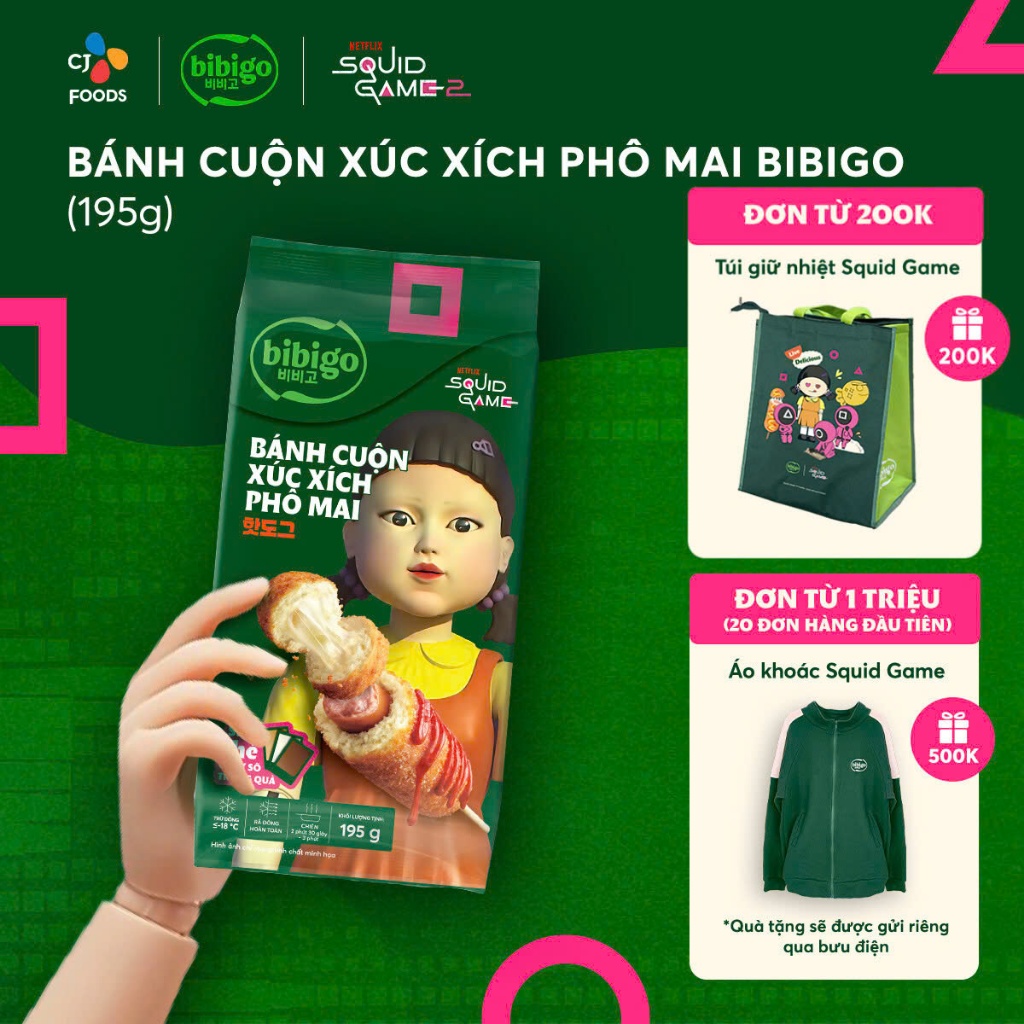 [Ngưng nhận đơn từ 24/1][Squid Game 2] Bánh cuộn xúc xích phô mai Bibigo - gói 195g (3 bánh/gói ...