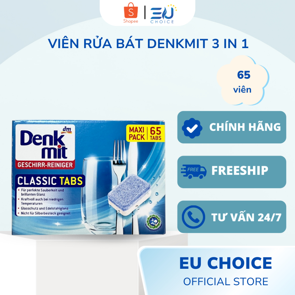 Hộp Viên rửa bát Denkmit 3 in 1 hộp 65 viên, viên rửa chén sạch sẽ thơm mát dành cho máy rửa ...