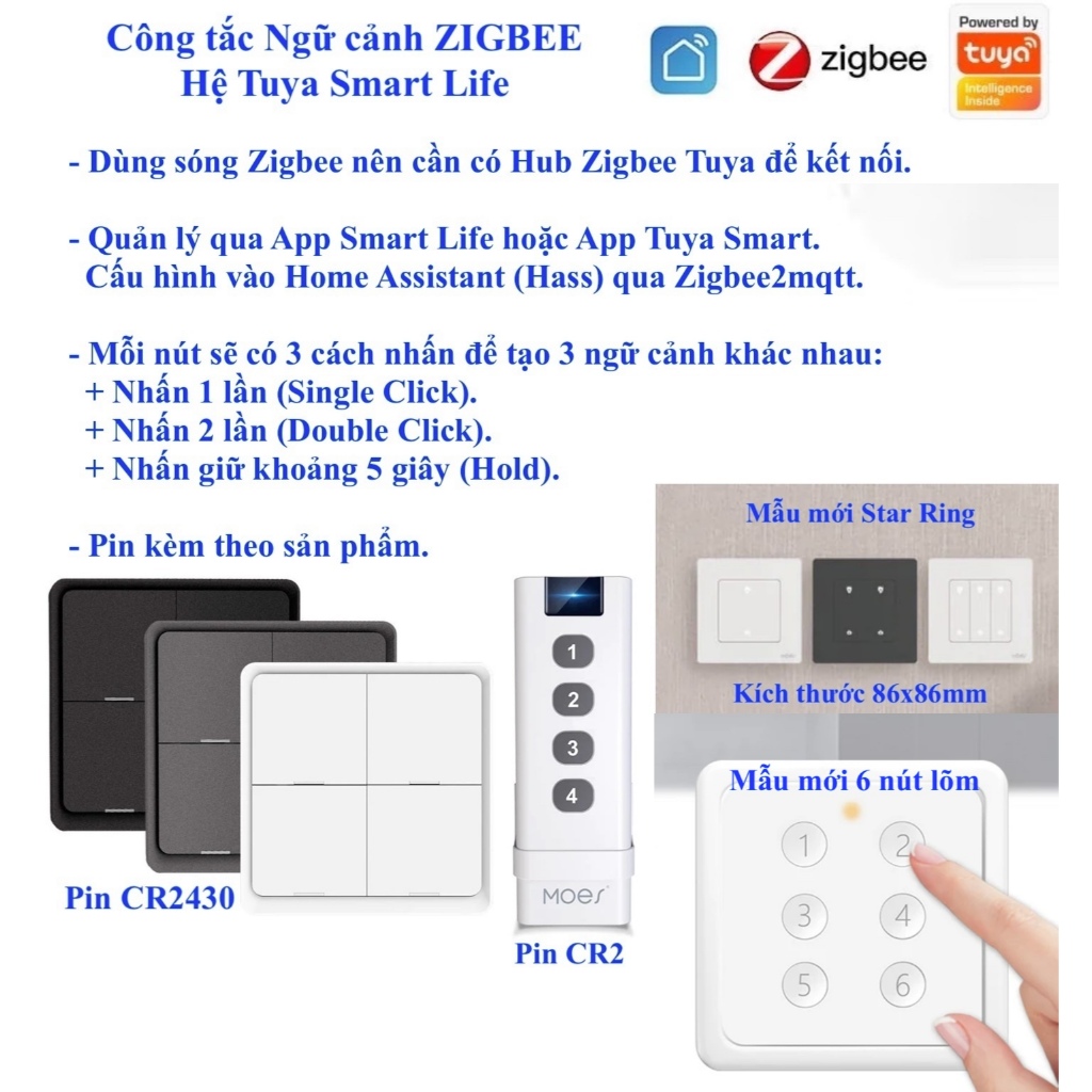 Công tắc ngữ cảnh Zigbee, Wifi, Scene Switch, Tuya Smart Life, Home ...