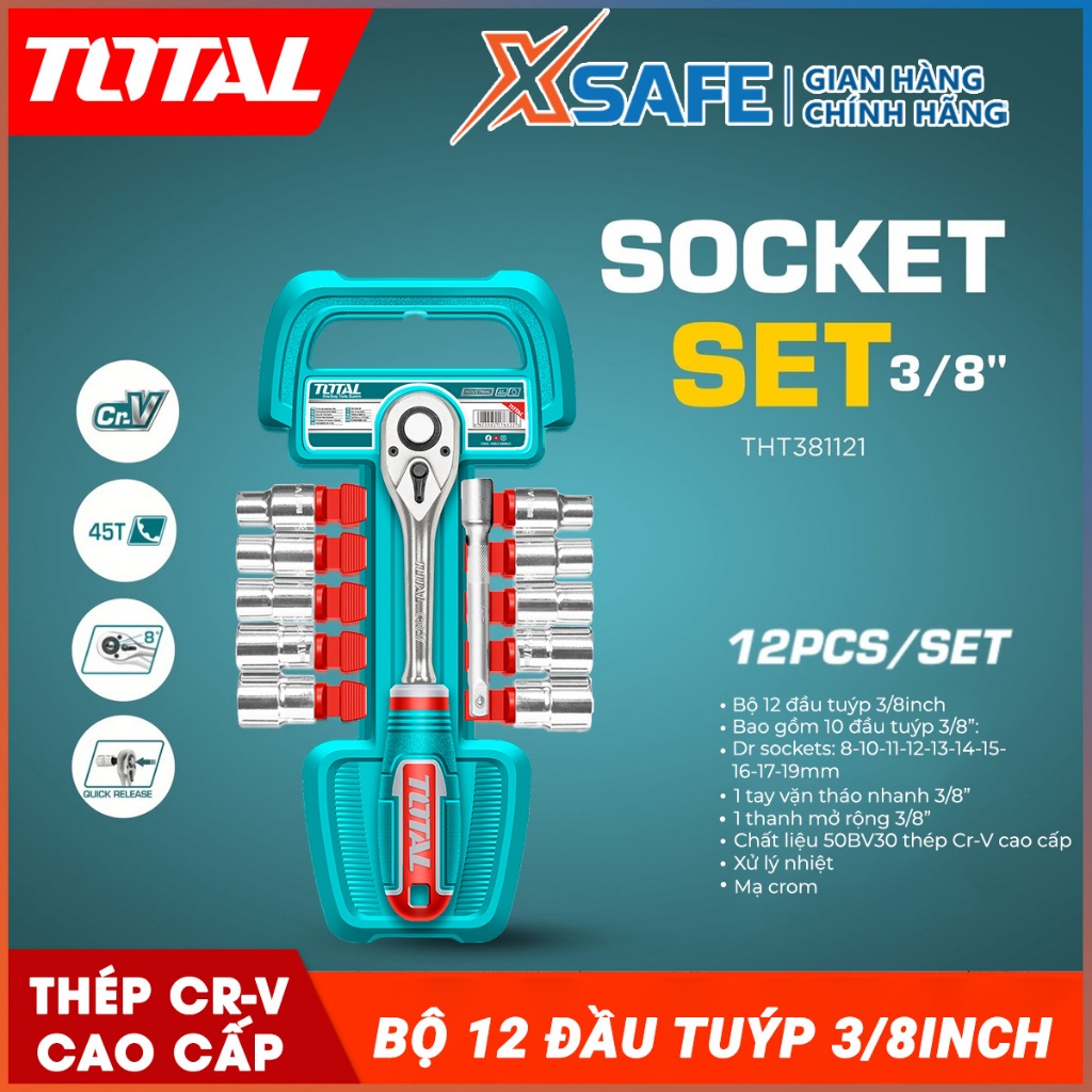 Bộ 12 đầu tuýp 3/8 inch TOTAL THT381121 thép Cr-V cao cấp, xử lý nhiệt ...