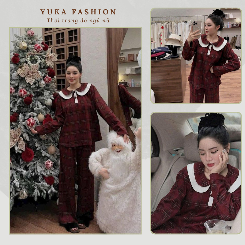 Đồ bộ nữ đồ mặc nhà mẫu kẻ caro cổ sen cách điệu phối đỏ trắng đồ ngủ pijama cao cấp Yukafashion ...
