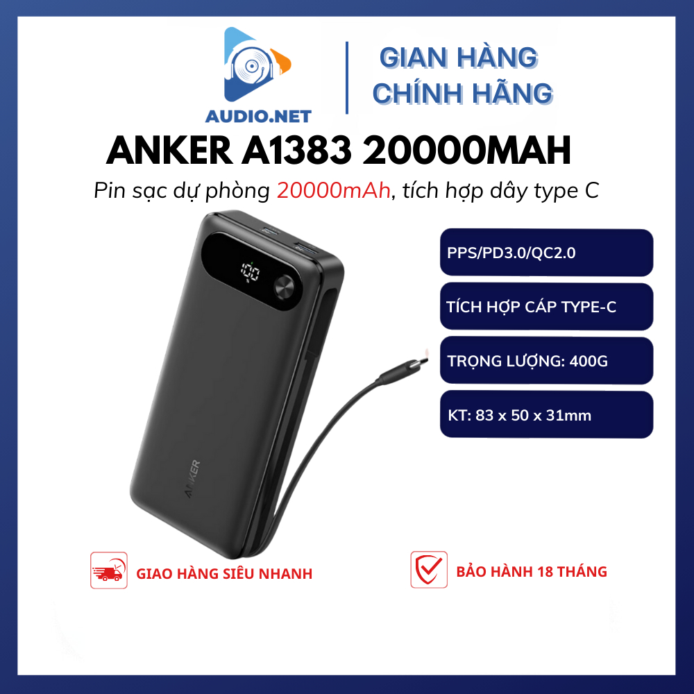Sạc Dự Phòng Anker 20.000mAh A1383 87W Tích Hợp Cáp Type C - Bảo Hành ...