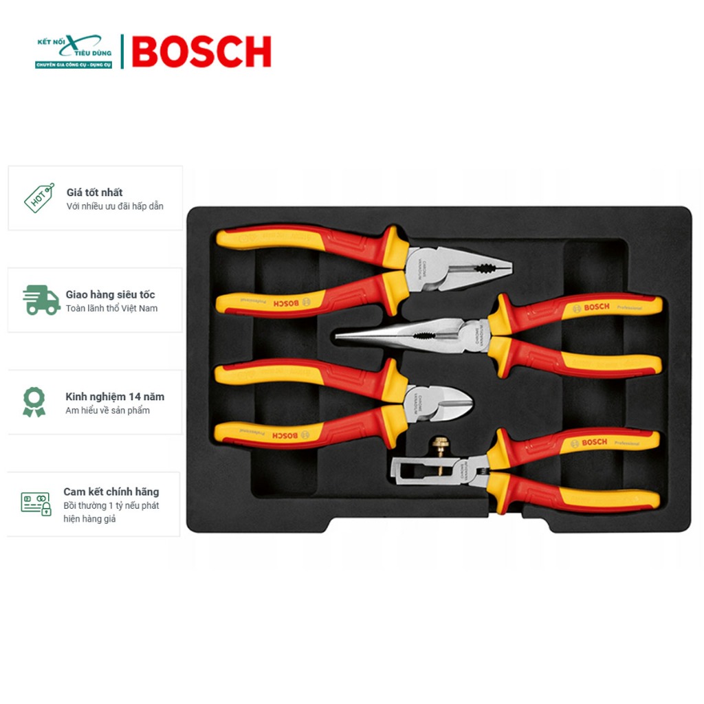 Bộ 4 kìm cách điện VDE 1000V Bosch 1600A02NG1 (1600A02NE1, 1600A02NE2, 1600A02ND9, 1600A02NE3 ...